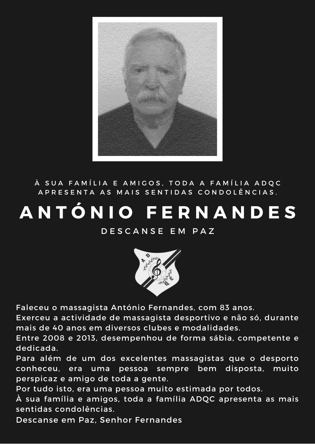 Faleceu o massagista António Fernandes, com 83 anos. | AD Quinta do Conde