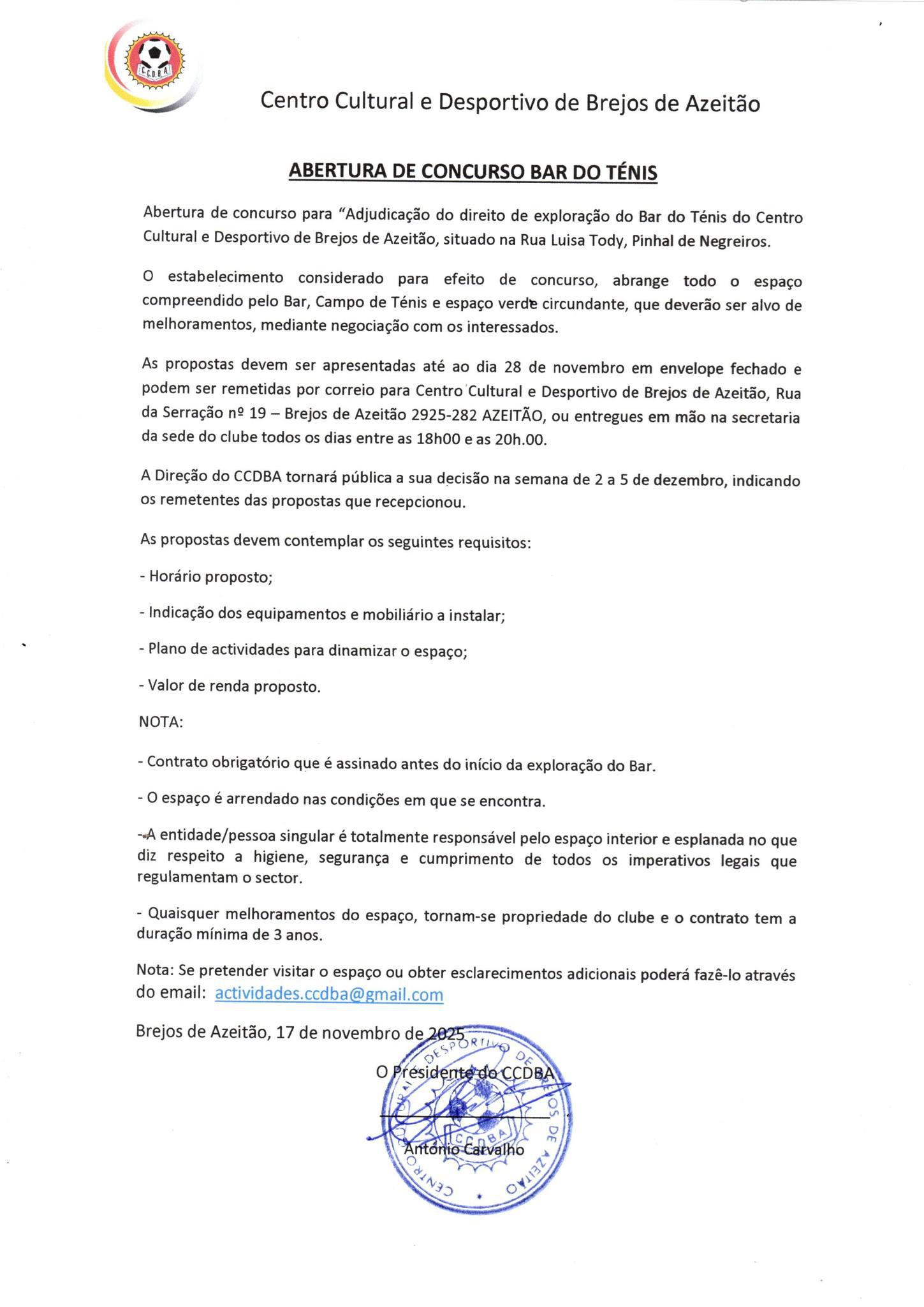 Abertura de Concurso BAR DO TÉNIS CCD Brejos de Azeitão